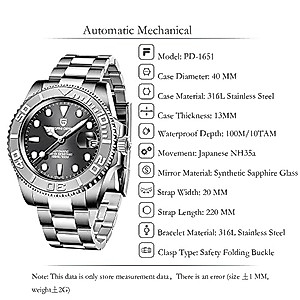 Mens Watches Pagani Design 1651 Wrist Watch for Men Automatic Mechanical NH35 Movement 100M Water Resistant Sapphire Glass Ceramic Bezel Stainless Steel Watch (White Grey)