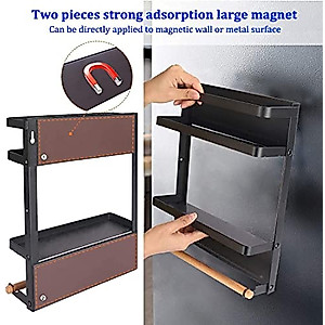 Magnetic Spice Rack, Magnetic Shelf with Paper Towel Holder 2 Tier Kitchen Refrigerator Storage Rack Fridge Magnet Organizer(Black, Medium)