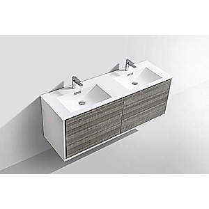 Kube DL60D-HGASH DeLusso 60" Double Sink Ash Gray Wall Mount Modern Bathroom Vanity