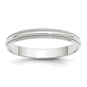 Solid 14k White Gold 3mm Milgrain Half Round Wedding Band Size 7.5