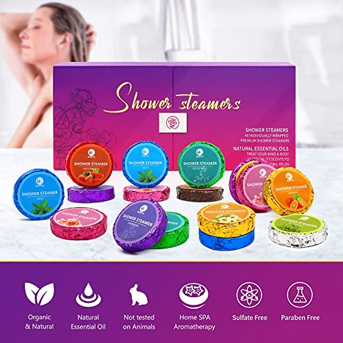 MR Shower Steamers Aromatherapy for Women or Men, 40 PCS 10 Scents Organic with Rose Lavender Mint Watermelon Eucalyptus Chamomile Lemon Rosemary Grapefruit Orange, Shower Bombs Christmas Gift Set
