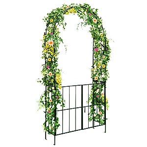Tangkula 7.5Ft Garden Arbor with Gate, Metal Garden Arch with Trellis for Climbing Plants, Roses, Vines, Outdoor Garden Archway for Wedding Bridal Party Decoration Ceremony (Black)