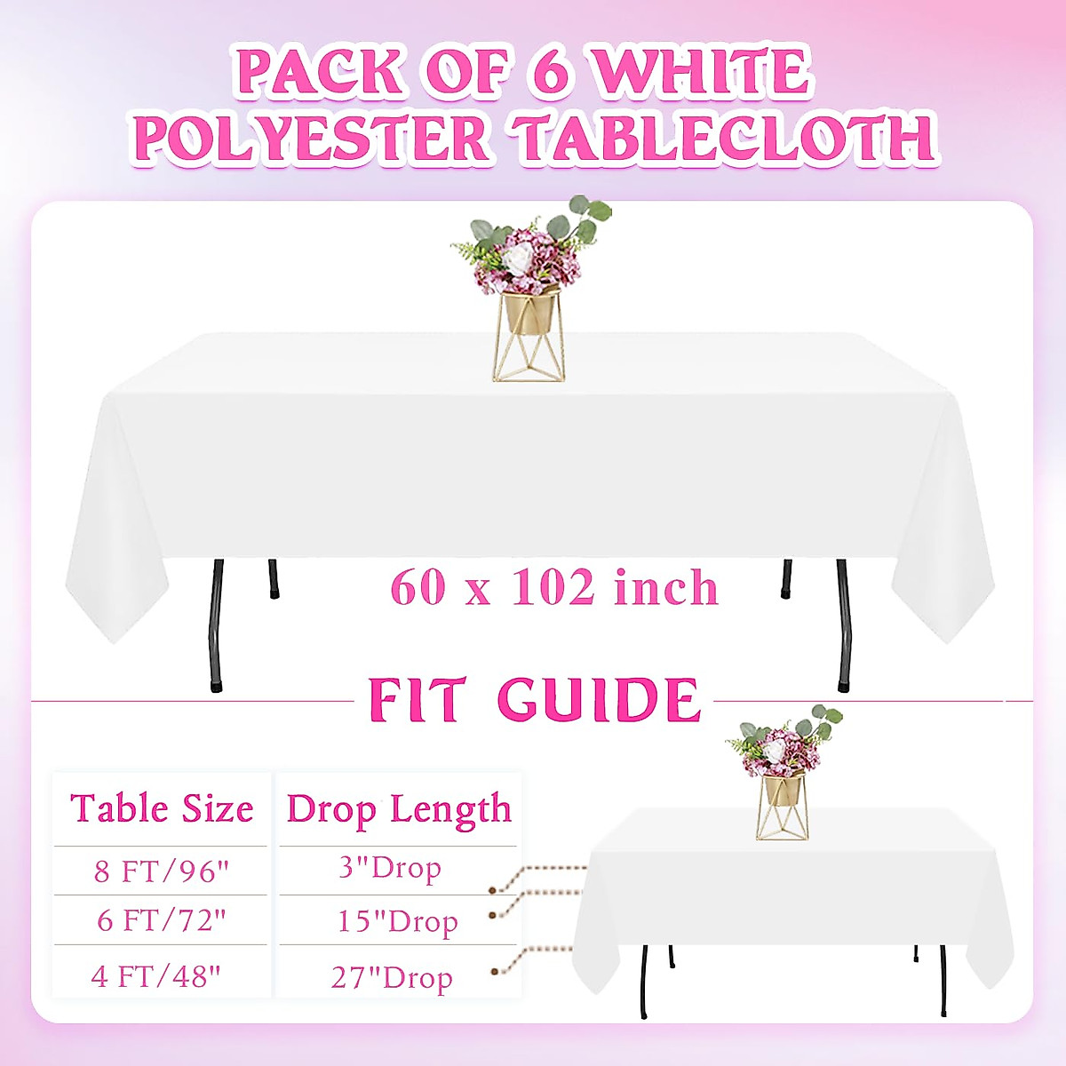 Haewlear 6 Pack White Tablecloths for Rectangle Tables 60 x 102 Inch,Wrinkle Resistant Polyester Table Cloth for 6 Foot Table,Polyester Fabric Table Covers for Wedding, Party, Banquet