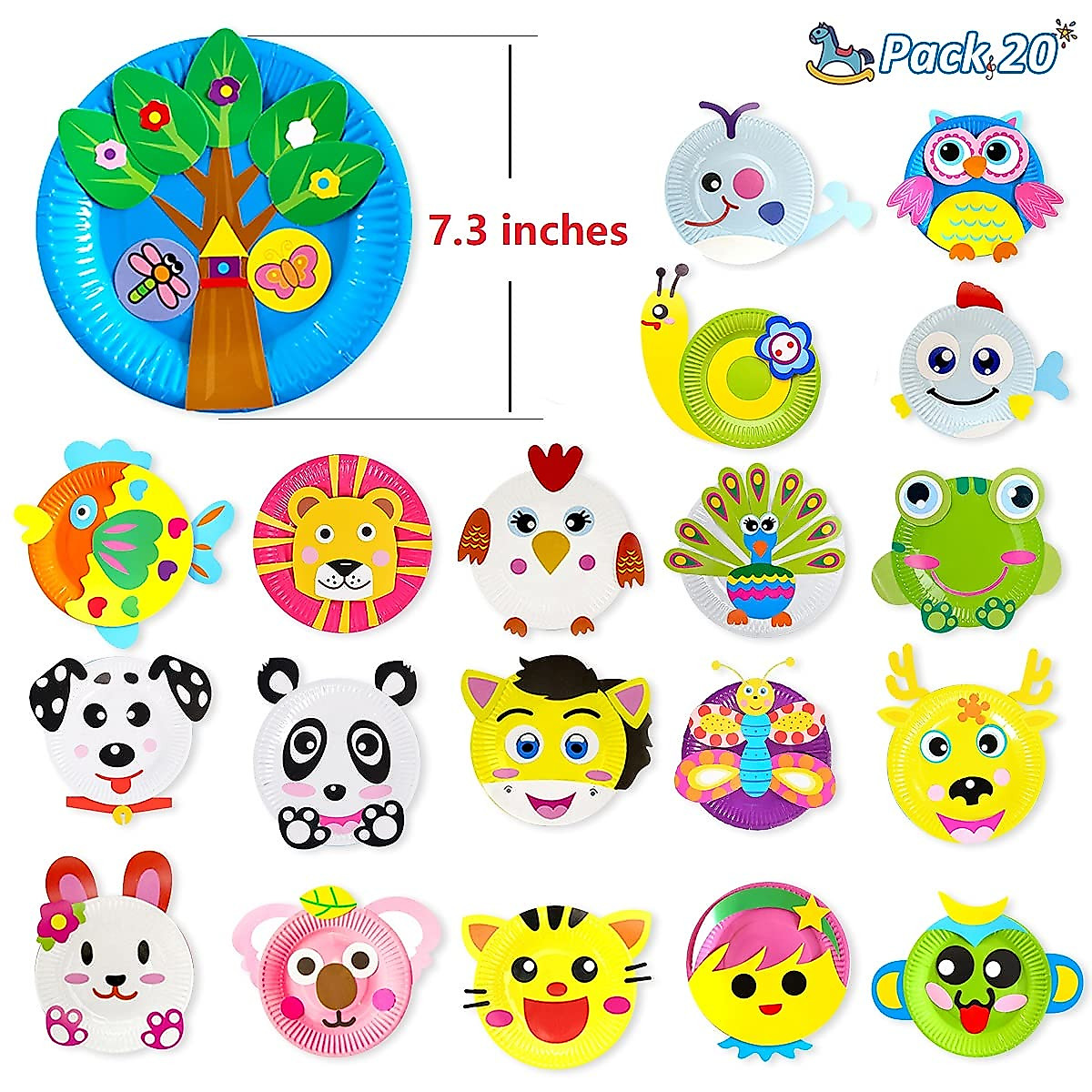 Vinlon Paper Plate Art Kits, 20 Packs Recognize Animals Assembling Project Creative Crafts Toys for Boys and Girls Birthday Christmas Holiday Gifts