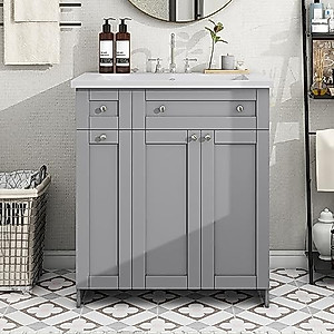P PURLOVE 30" Bathroom Vanity with Single Sink and Soft Close Doors, Modern Bathroom Cabinet with Adjustable Storage Shelf and Drawers, Solid Wood Frame, Grey