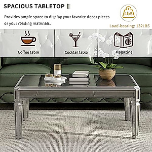 HomVent Mirrored Coffee Table Silver Living Room Table with Adjustable Legs Glass Central Table Cocktail Table for Living Room
