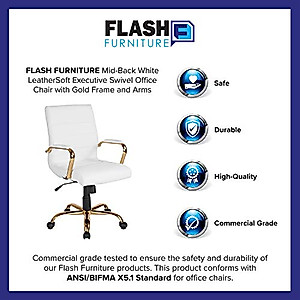 Flash Furniture Whitney Mid-Back Desk Chair - White LeatherSoft Executive Swivel Office Chair with Gold Frame - Swivel Arm Chair
