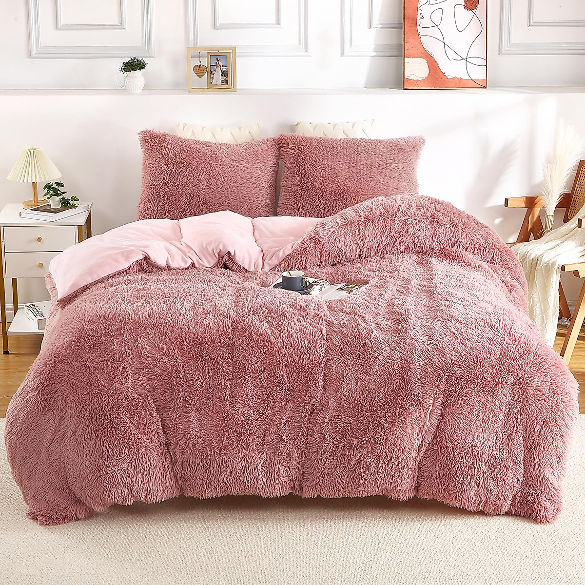 CAROMIO Fluffy Duvet Cover Set King Size, Luxury Soft Faux Fur Duvet Cover with Button Closure Corner Ties, 3 Piece Shaggy Bedding Set with 2 Pillow Sham for Cold Winter (King, Pink)