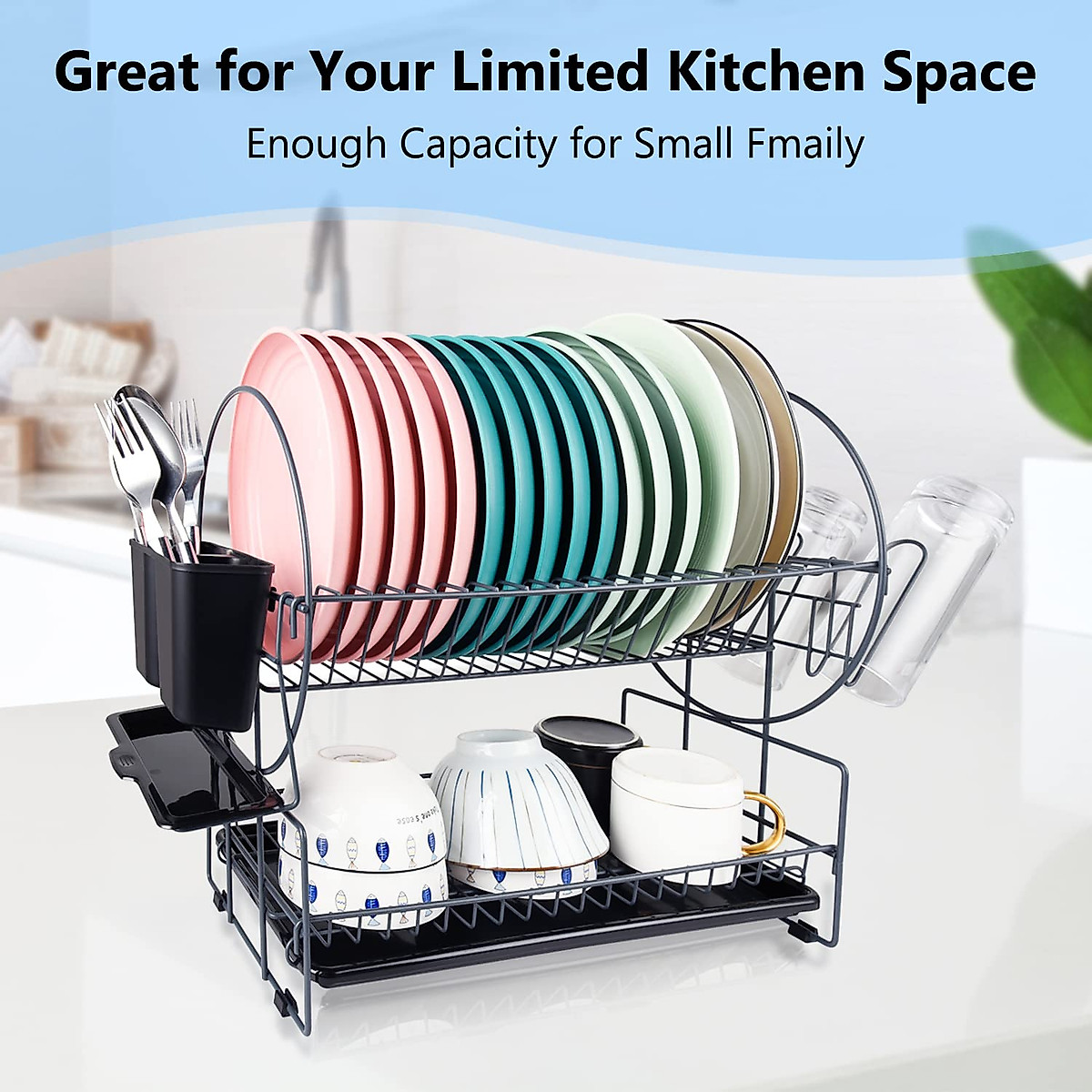 Housen Solutions Dish Drying Rack, 2 Tier Rust-Resistant Dish Rack with Drainboard, Dish Racks for Kitchen Counter with Glass and Utensil Holder