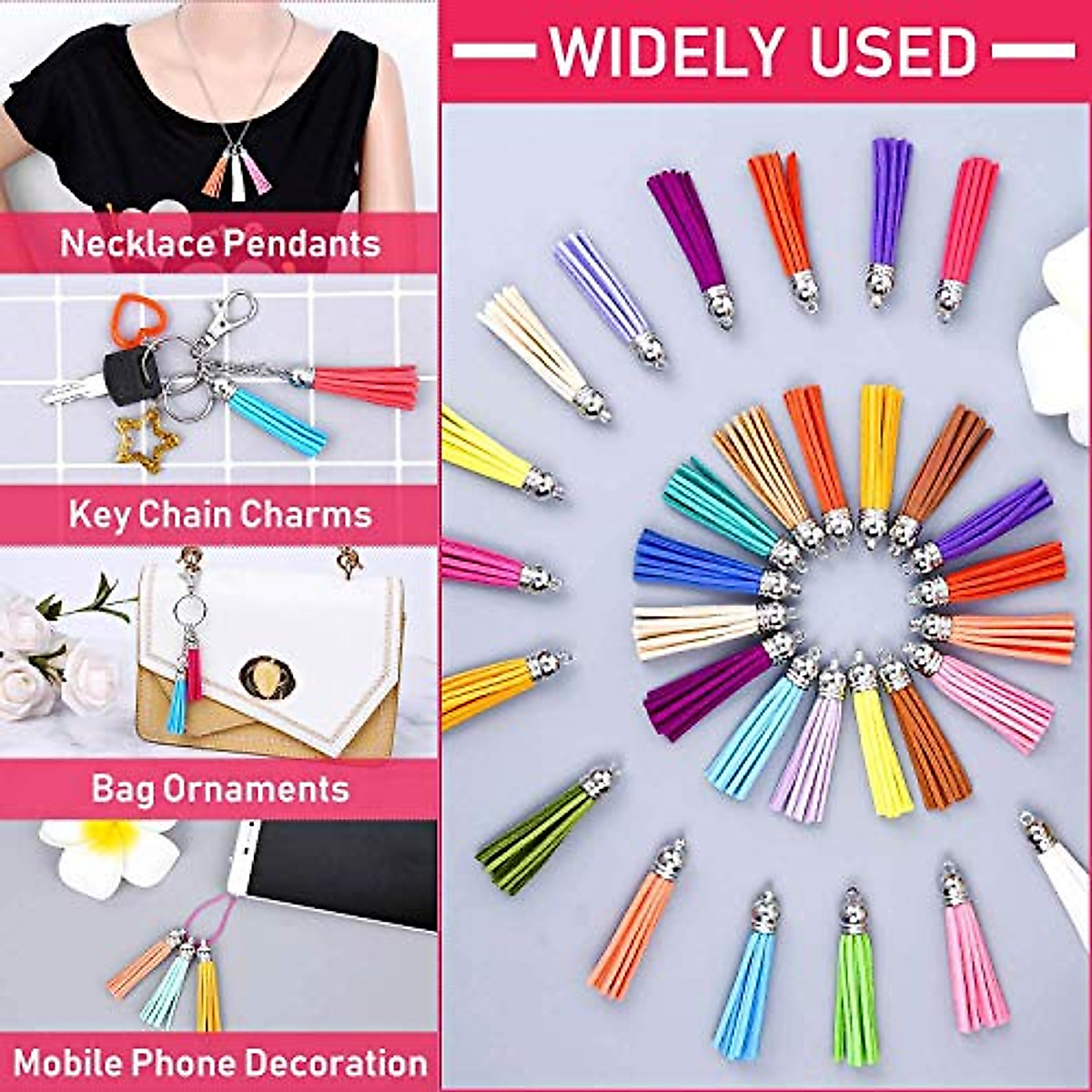 Tassels Charms for Jewelry Making, Paxcoo 120Pcs Keychain Tassels Bulk for Crafts, Leather Key Chain Tassel Charms for Jewelry Making, Resin Epoxy, Acrylic Blanks Keychains, Bracelets (2 1/8 inch)