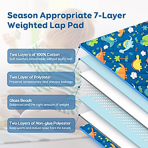 Sivio Weighted Lap Pad for Kid 2lbs 100% Cotton Weighted Blanket for Children Sensory Weighted Lap Blanket for Kids Indoor Outdoor, 19 x 21 Inch, Blue Dinosaur