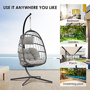 Egg Swing Chair with Stand Hanging Egg Chair Outdoor - Rattan Wicker Patio Hanging Basket Chair Hammock Chair with Aluminum Steel Frame and UV Resistant Cushion for Indoor Bedroom Balcony (Grey)
