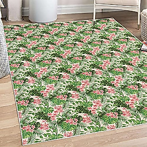 Lunarable Floral Decorative Area Rug, Exotic Pattern Tropical Palm Leaves Flowers Hawaii Inspired Jungle Illustration, Quality Carpet for Bedroom Dorm Living Room, 4' X 5' 5", Pine Cream Pink