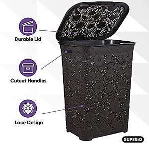 Laundry Hamper With Lid Lace Design 50 Liter - Brown Laundry Hamper Basket With Cutout Handles, Rectangular Shape Modern Style Bin - Dirty Cloths Storage. By Superio