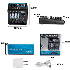 Depusheng U4 Portable Mini Mixer 4 Channel Audio DJ Console with Sound Card, USB, 48V Phantom Power for PC Recording Singing Webcast Party
