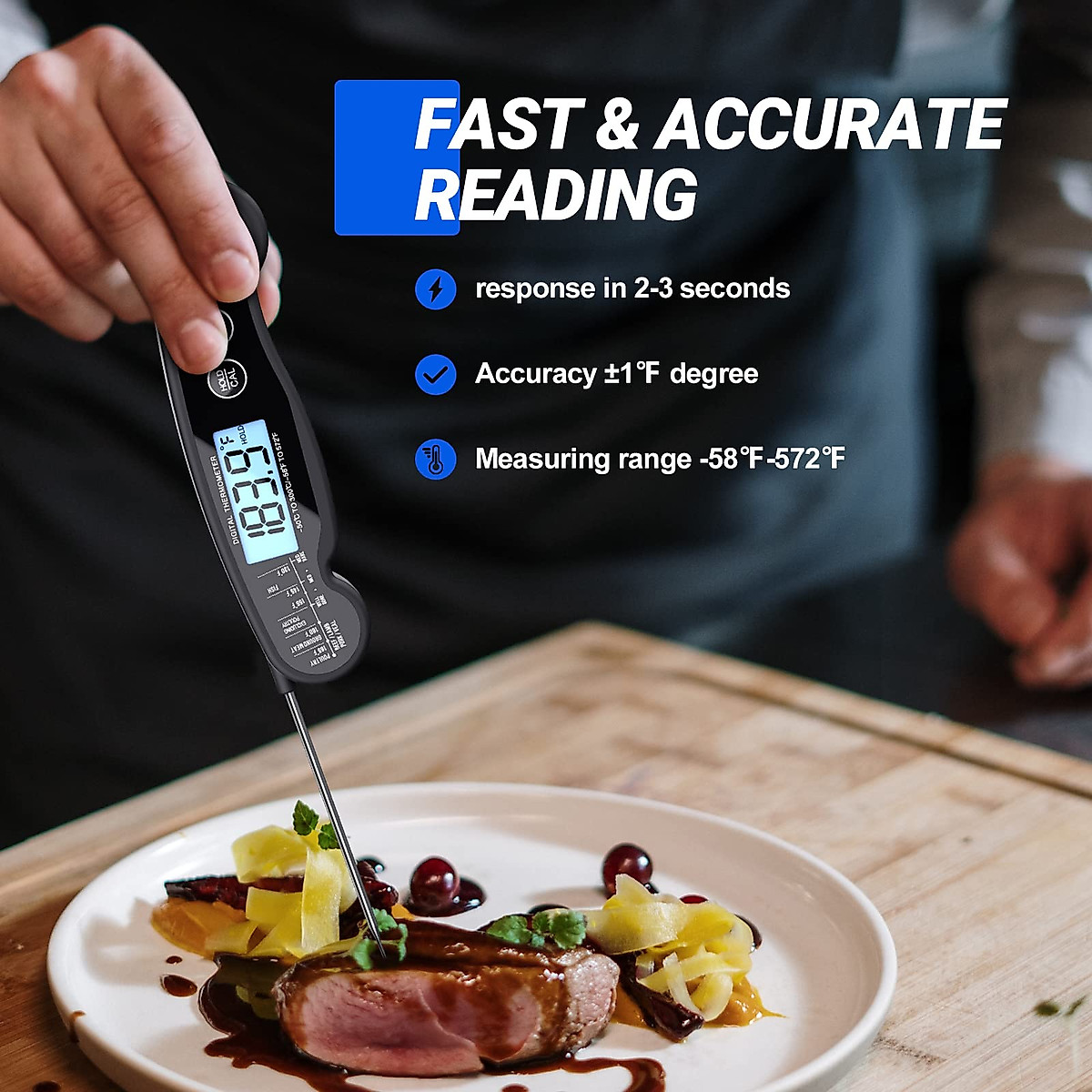 MANVINS Digital Meat Thermometer, Waterproof Instant Read Food Thermometer for Cooking and Grilling, Kitchen Gadgets with Backlight & Calibration for Candy, BBQ Grill, Liquids, Beef, Turkey