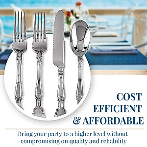 Antique Design Disposable Flatware Set (96 PC) Plastic Silverware Cutlery Set for 24, 24 Spoons, 24 Knives, 48 Forks, Heavy Duty Plastic Utensil Set for Weddings and Events, Baroque Collection, Silver