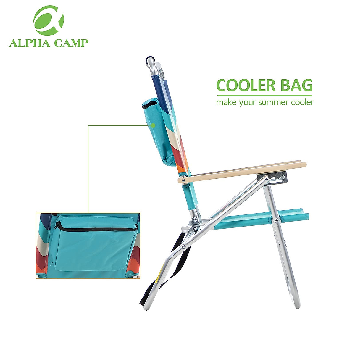 ALPHA CAMP Backpack Beach Chairs Set of 2 with Cooler Bag 3 Position Classic Lay Flat Folding Beach Chair with Backpack Strap Support 250lbs,Blue