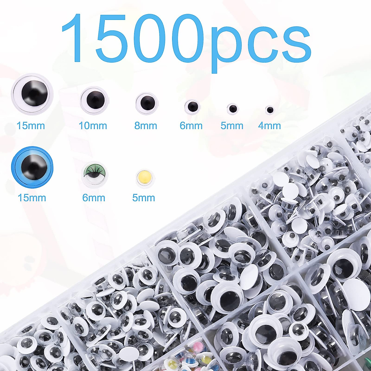 Prasacco 1500 Pcs Googly Eyes Self Adhesive, Wiggle Eyes for Crafts Multi-color Multi-size (4/5/6/8/10/15mm)