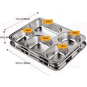 AIYoo Set of 2 Stainless Steel Rectangular Divided Plates Tray 5 Sections Dinner Plates for Adults - Unbreakable Metal Plate for Campers, and Portion Control Reusable Plate