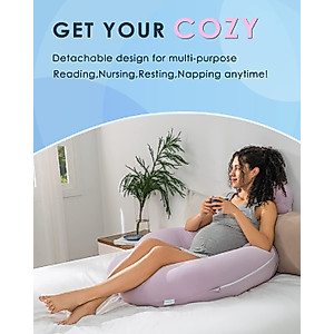 QUEEN ROSE Cooling Pregnancy Pillows,E Shaped Full Body Pillow for Sleeping, with Pregnancy Wedge Pillow for Belly Support, 60 Inch Maternity Pillow for Side Sleeper, Cooling Rayon Cover, Purple