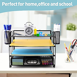 Hiaksedt Desk Organizers 4-Trays Desk File Organizers with 2 Hanging Pen Holders and Drawer,Paper Organizer for Desktop and Storage,Mesh Metal Office Supplies for Home Office