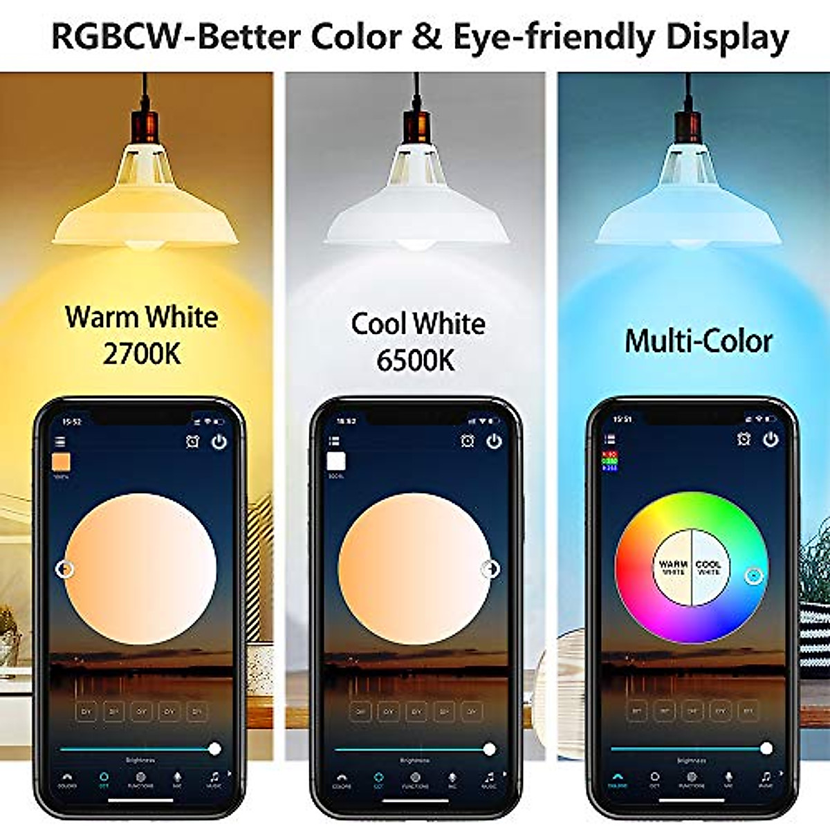 BERENNIS Smart WiFi Light Bulbs, Color Changing LED Lights, Work with Alexa Echo, Google Home, Siri and IFTTT, No Hub Required A19 RGBCW 7W (60w Equivalent) 3 Pack