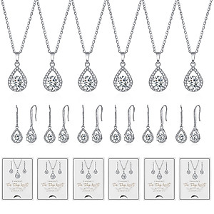 DHQH Bridesmaid Proposal Gifts Set of 6 Round Halo Jewelry Set for Bridal Bridesmaid Teardrop Necklace Earring Set for Wedding Jewelry Set for Women