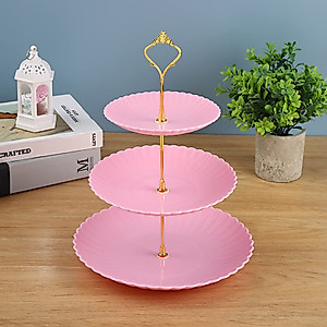 10 Pcs Pink Plastic Cake Stand, 4 Pcs 3 Tier Dessert Display Stands Cookie Tray Rack Serving Tray Cake Display Tower and 6 Pcs Dessert Trays for Wedding Baby Shower Tea Party (Pink)