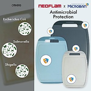 Neoflam Microban Antimicrobial Plastic Cutting Board 3 Sets, BPA Free, Non-Slip EZ Grip Handle, Dishwasher Safe, Reversible Use, Large Juice Grooves, Blue Gray