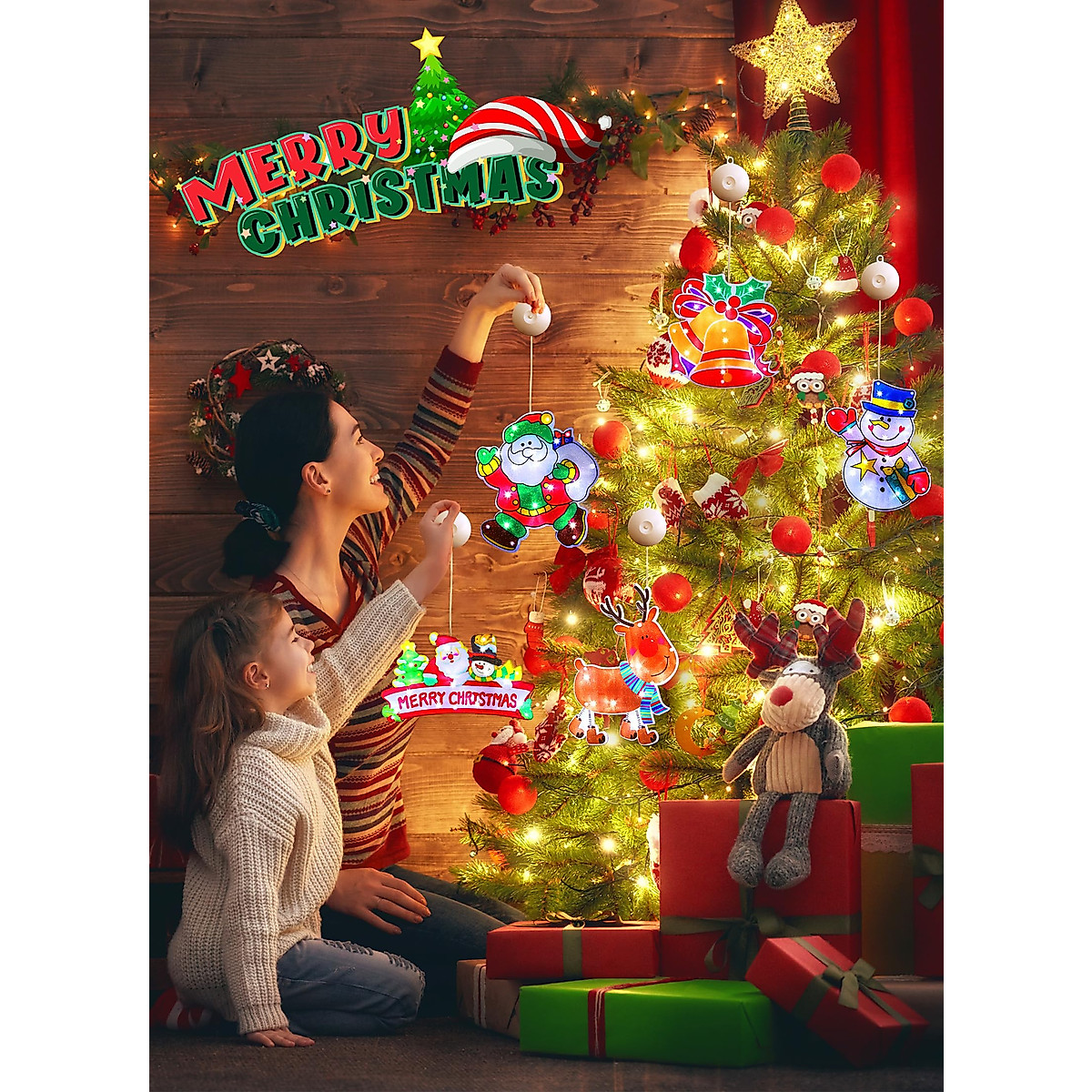 Minetom 5pcs Christmas Window Lights Decorations, Battery Operated with Suction Cup Hook Light Up Santa Claus-Reindeer-Xmas-Snowman Shaped for Christmas Window Decorations Glass Wall Indoor Decor