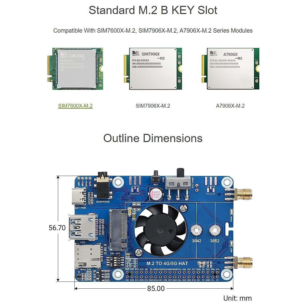 Waveshare SIM7600G-H M.2 4G HAT, Compatible with Raspberry Pi 5/4B/3B/Zero/Zero W/Zero 2W/Pico/Pico W/Pico WH, LTE CAT4 High Speed Global Coverage Multi Band 4G/3G/2G, GNSS