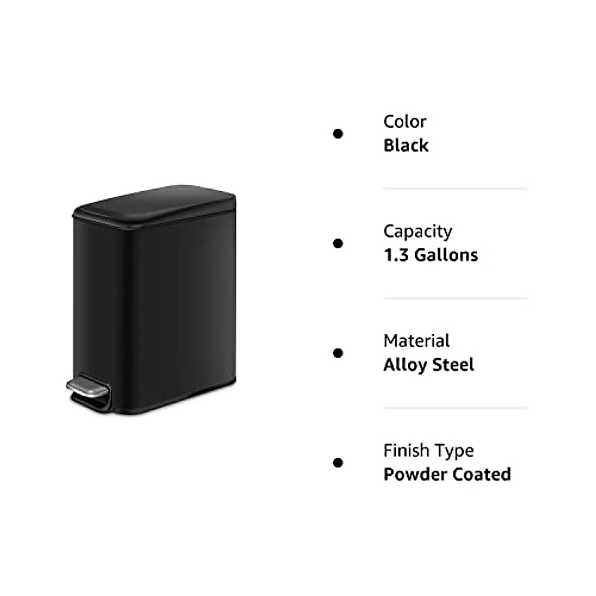 H+LUX Slim Small Bathroom Trash Can with Lid Soft Close,Black Small Trash can for Bathroom Bedroom Office with Removable Inner Wastebasket, Rectangular Foot Pedal Trash Bin, 5L/1.3Gal