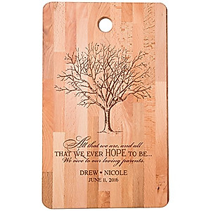 Personalized bamboo Cutting Board reads All that we are We owe to our loving parents for bride and groom Wedding Ideas for Him, Her, Couples Established Dates to Remember 11"w x 18"h