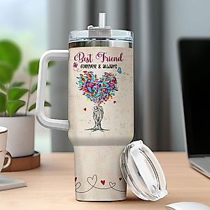 99WHALE Tumbler 40 Oz With Handle Lid And Straw, Butterfly Funny Handle For Steel Stainless Coffee Women Yellow Heart Tumblers Cups Friends, Best Friend Tree Colorful