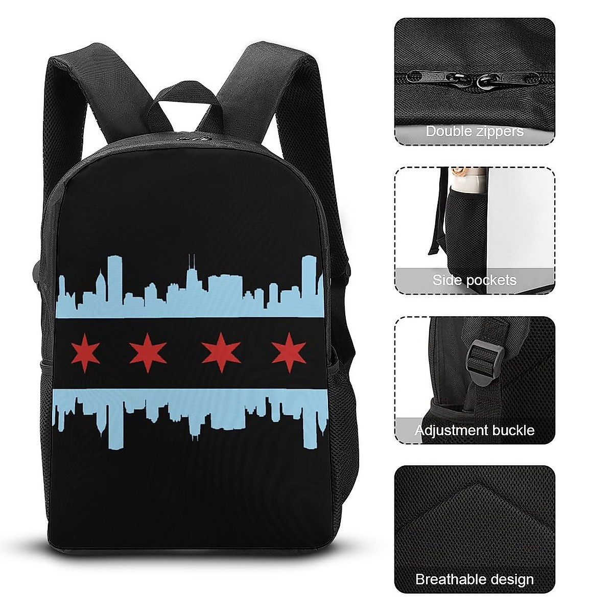 Chicago City Flag Travel Backpack Casual 17 Inch Large Daypack Shoulder Bag with Adjustable Shoulder Straps