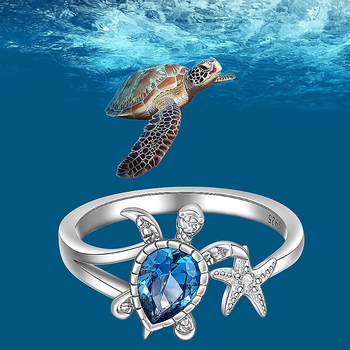 LOVGIFSET Sterling Silver Turtle Ring Rings for Women Sea Turtle Starfish Blue Topaz Animal Jewelry Size 8