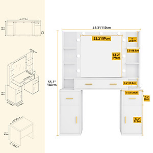 DWVO Vanity Desk with Mirror and Lights, Makeup Vanity Set with Power Outlet, Drawers & Cabinet, 3 Colors Lighting Adjustable Brightness, Dressing Table for Bedroom, Storage Stool, Off White