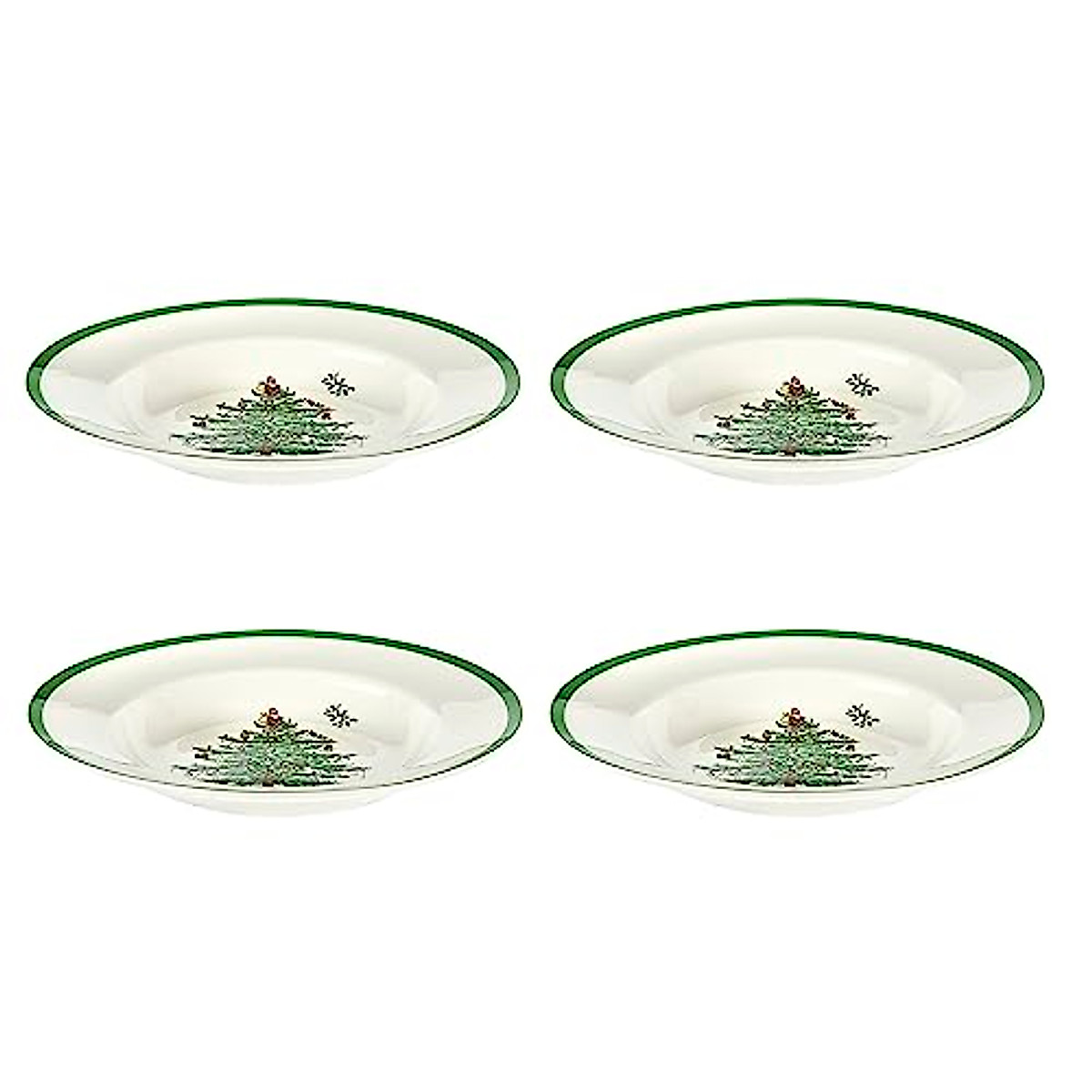 Spode Christmas Tree 9" Soup Plate (Set of 4) - Stoneware Soup Bowls with Festive Tree Design & Green Rim, Ideal for Serving Soup, Pasta, Salad - Microwave & Dishwasher Safe Holiday Dinnerware