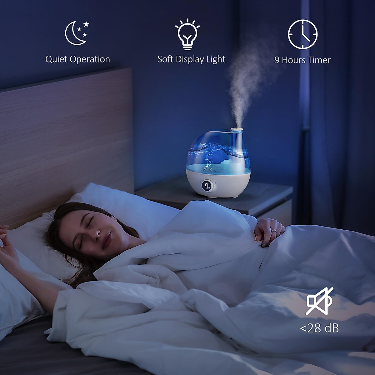 Humidifiers for Bedroom, VCK 2.3L Ultrasonic Cool Mist Quiet Air Humidifier, 24 Hours Run Time, Auto Shut-Off, 3 Mist Levels, 360° Rotation Nozzle for Home Baby Nursery, Plants, Large Room Indoor Use