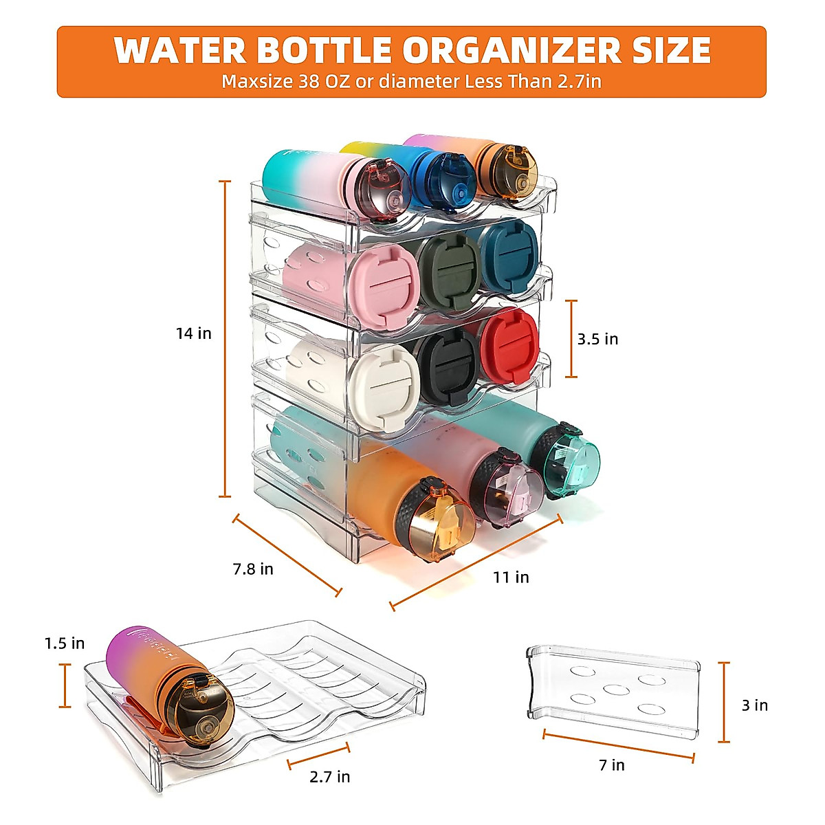 GLDDAO Water Bottle Organizer,Stackable Water Bottle Organizer for Cabinet,Tumbler Travel Mug Holder,Wine Drink Srack for Kitchen Countertop Freezer Pantry Organizers and Storage (12 Bottles)