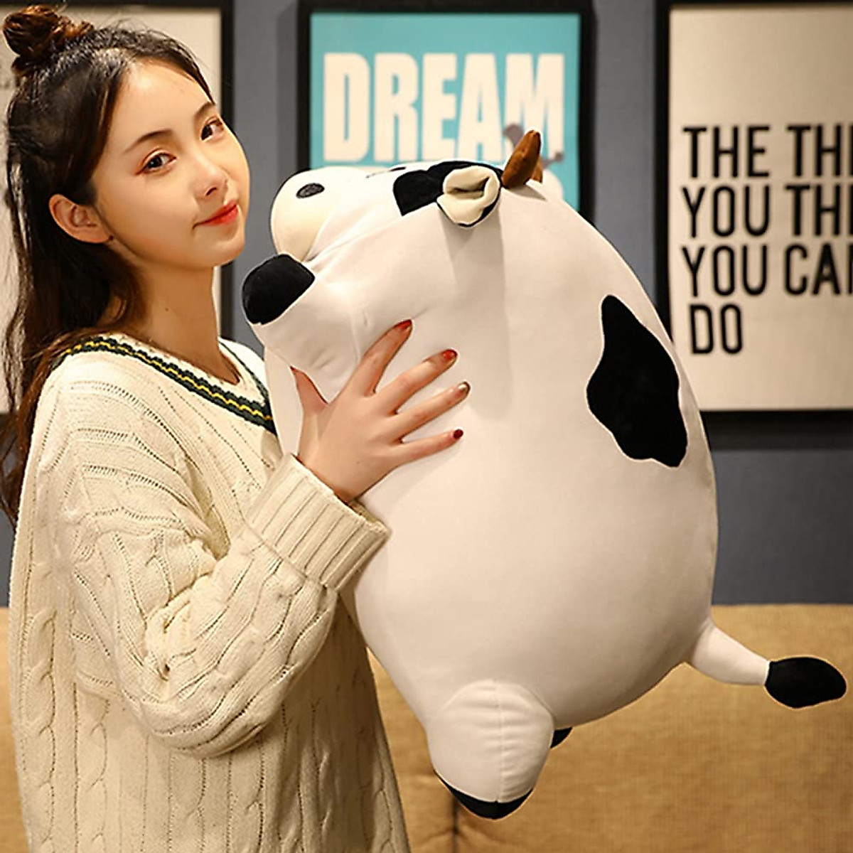 WUYU Cow Plush Pillow, Adorable Stuffed Animal Plush Toy, Soft Cow Hugging Pillow for Kids Boys Girls (Round Eyes,13.7in)