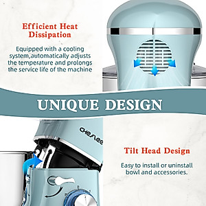 CHeflee Stand Mixer,600W 6+P With 6.5QT Stainless Steel Bowl,Dough Hook, Wire Whip & Beater,for Most Home Cooks,Blue