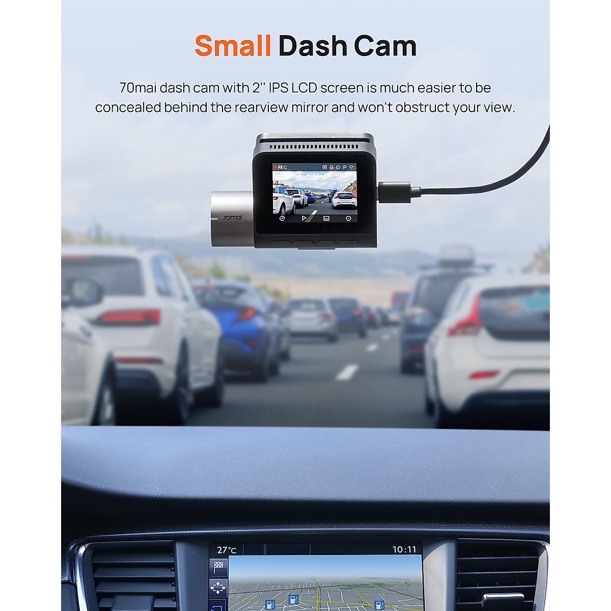 70mai 2.7K UHD Dash Cam Front and Rear A500S, Dual Dash Camera for Cars, Dashcam with APP, Sony IMX335, ADAS, Built-in WiFi GPS, 2'' IPS Screen, WDR, Night Vision, 24/7 Parking Mode, Loop Recording