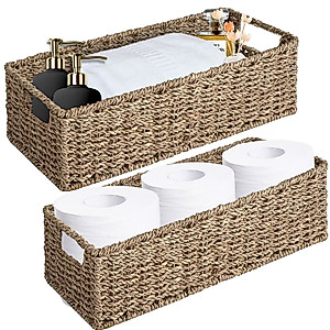 OUTBROS 2 Pack Woven Storage Basket, Storage Organizer Basket, Toilet Paper Basket, Vintage Basket Bin for Toilet Tank Vanity Countertop Table Shelf, Seagrass