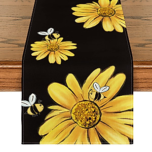 Artoid Mode Bee Sunflower Table Runner Black, Seasonal Spring Summer Flowers Holiday Kitchen Dining Table Decoration for Home Party Decor 13 x 72 Inch