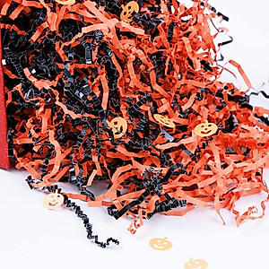 UNIQOOO 1LB Halloween Crinkle Cut Paper, Metallic Black Orange Shredded Paper Raffia Filler w/Pumpkin Confetti, Trick or Treat Candy Gift Basket Box Craft Bedding Cushion, Birthday Party Packaging