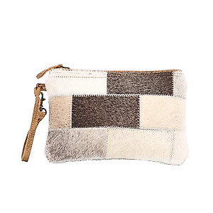 Myra Bag Silver Brick Upcycled Leather & Cowhide Wristlet Pouch Bag S-1502