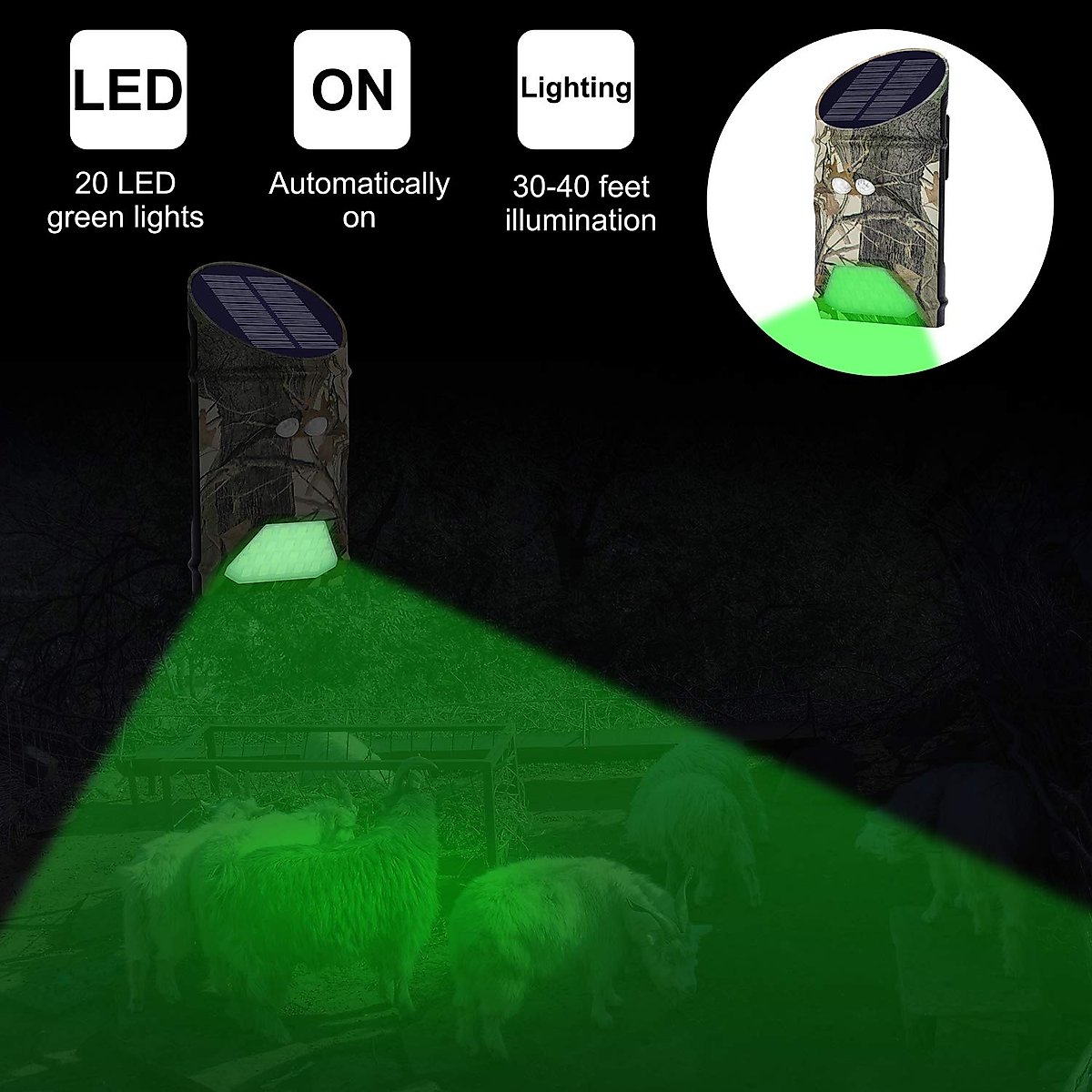 LILBEES Solar Powered Hog Feeder Light with Motion Sensor for Hog,Deer Feeder,Predator Coyote Pig Varmint,Campact Camouflage Design for Out Door Hunting with Green Lights(G300)(Pack of 2)