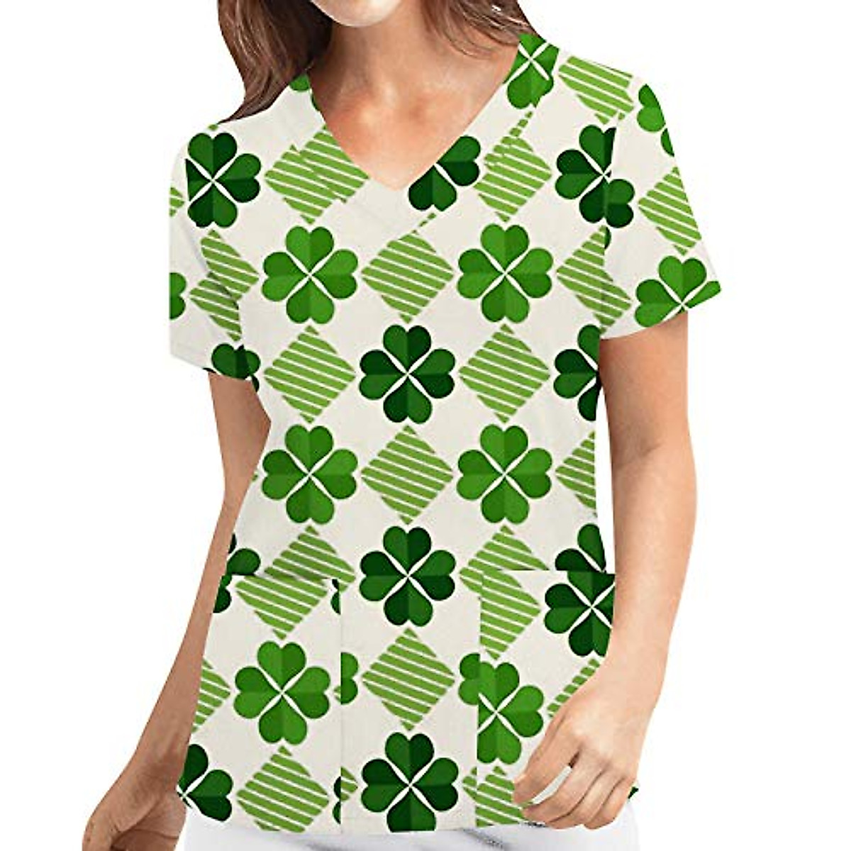 St. Patrick Leaf Printed Short Sleeve Tops for Women Scrub_Tops Non-Positioning Print Working Uniform Casual Loose Shirt